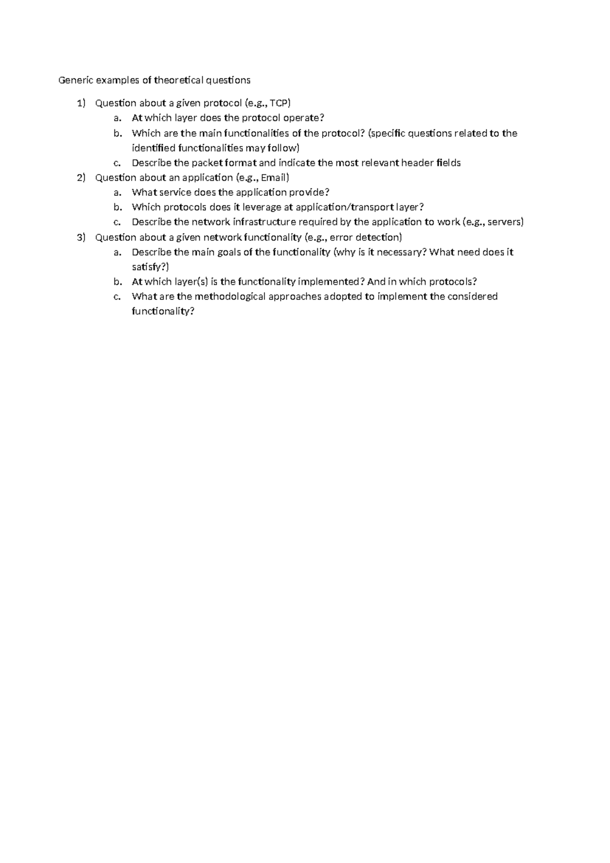 Generic examples of theoretical questions - , TCP) a. At which layer ...