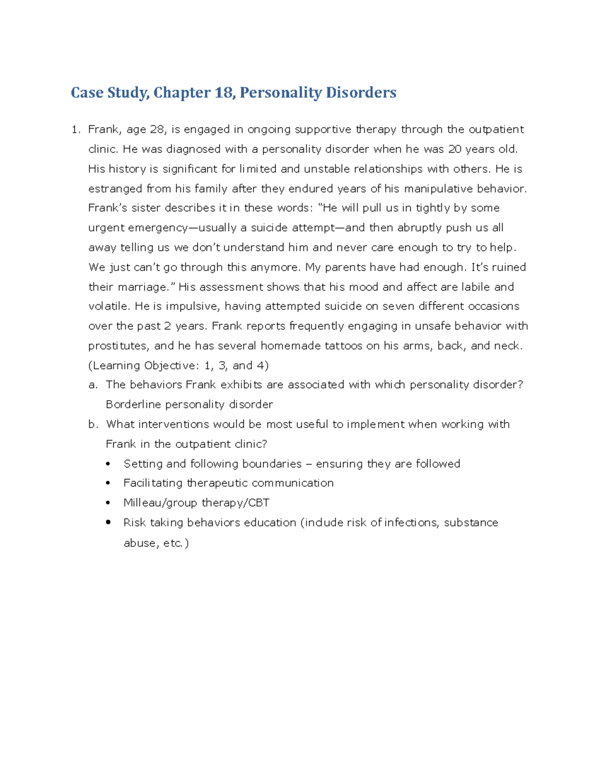 Case study wk11 - Case Study, Chapter 18, Personality Disorders Frank ...