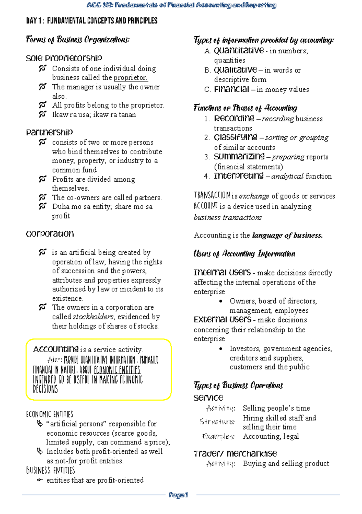 ACC-102- Reviewer - Day 1 : Fundamental Concepts and Principles Forms ...