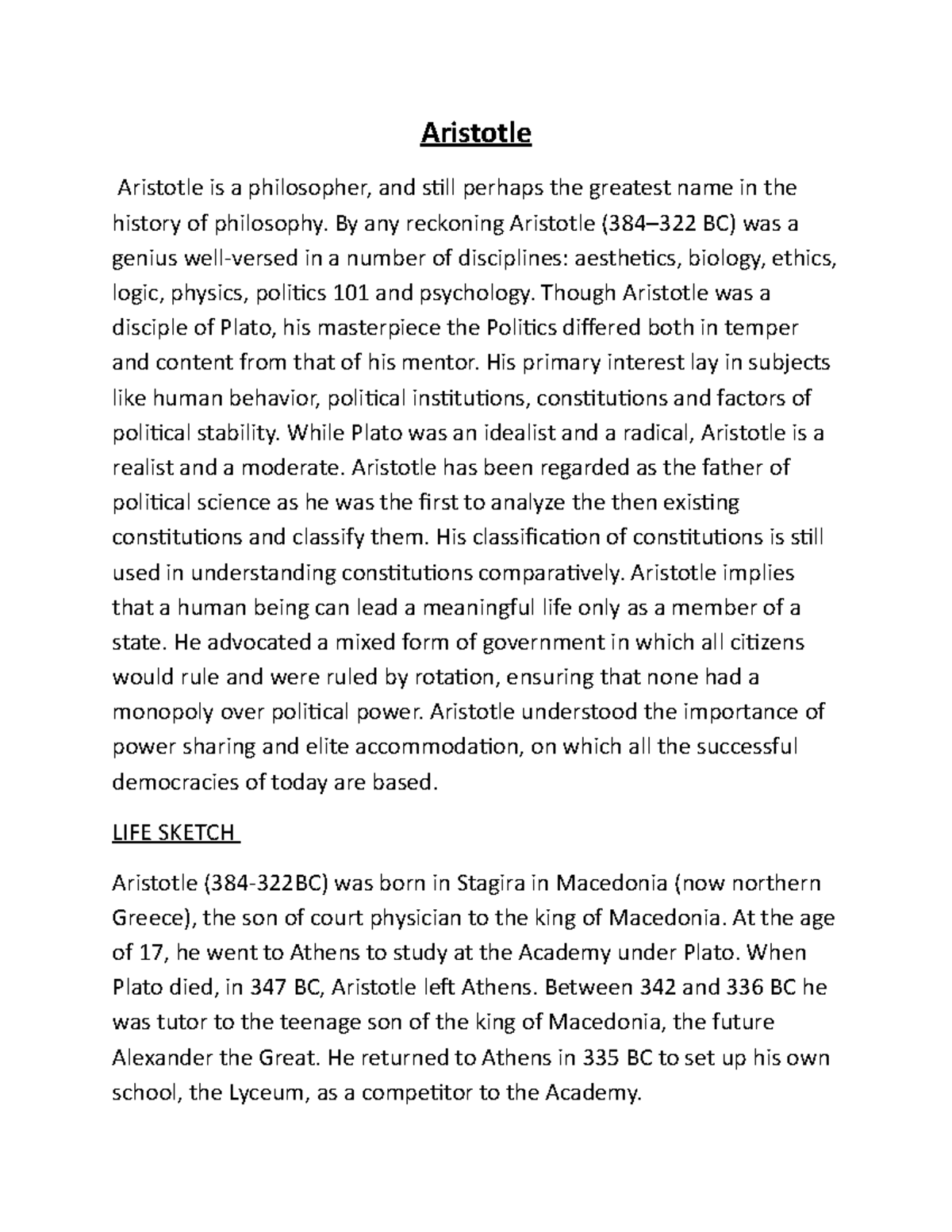 Classical political philosophy Aristotle self notes - BA Honours ...