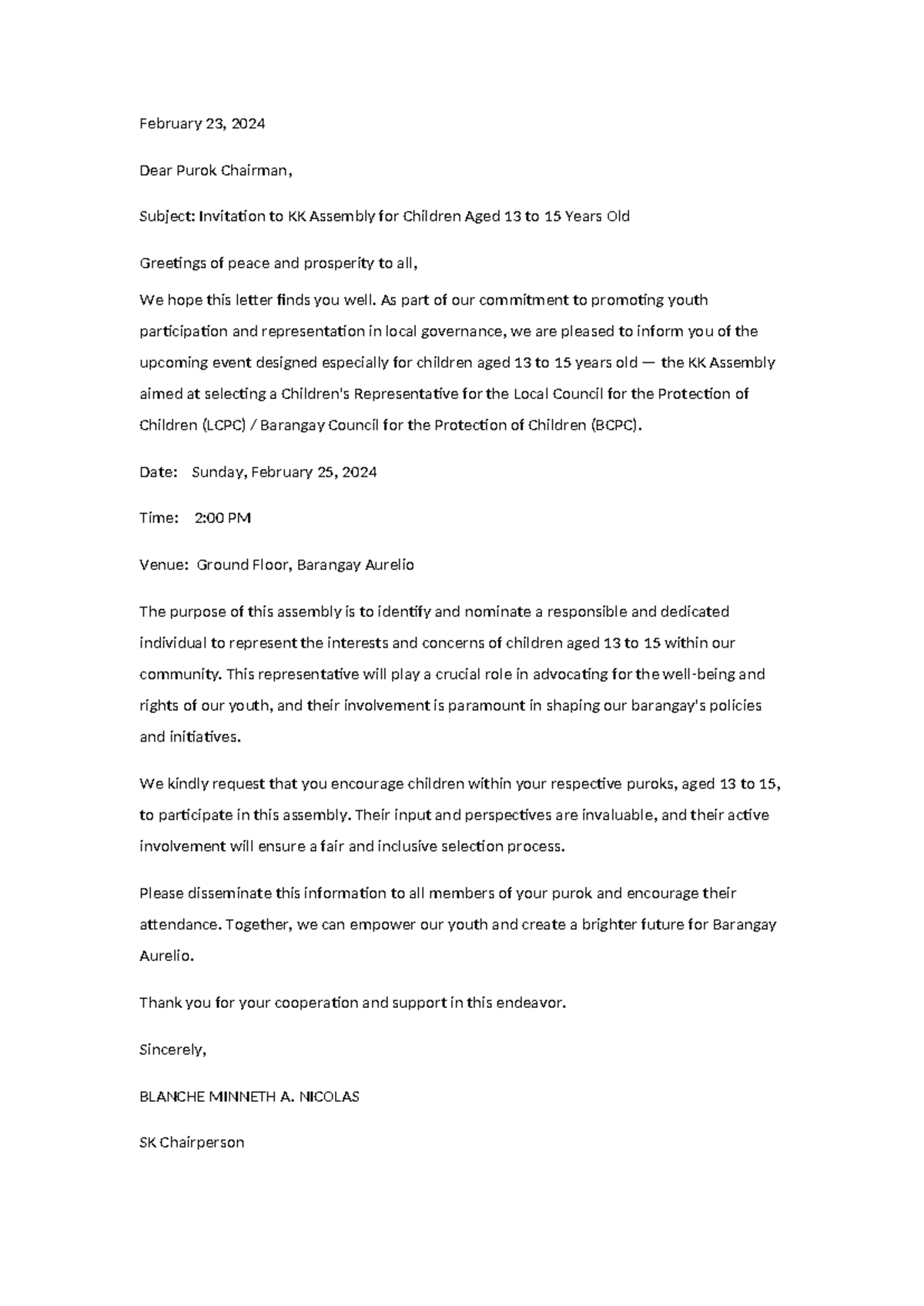 Letter for KK Assembly - February 23, 2024 Dear Purok Chairman, Subject ...
