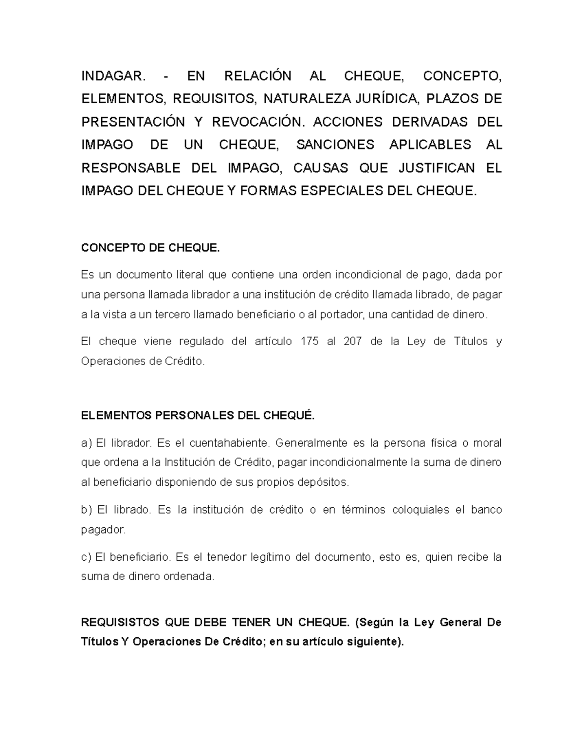 Cheque - INDAGAR. - EN RELACIÓN AL CHEQUE, CONCEPTO, ELEMENTOS ...