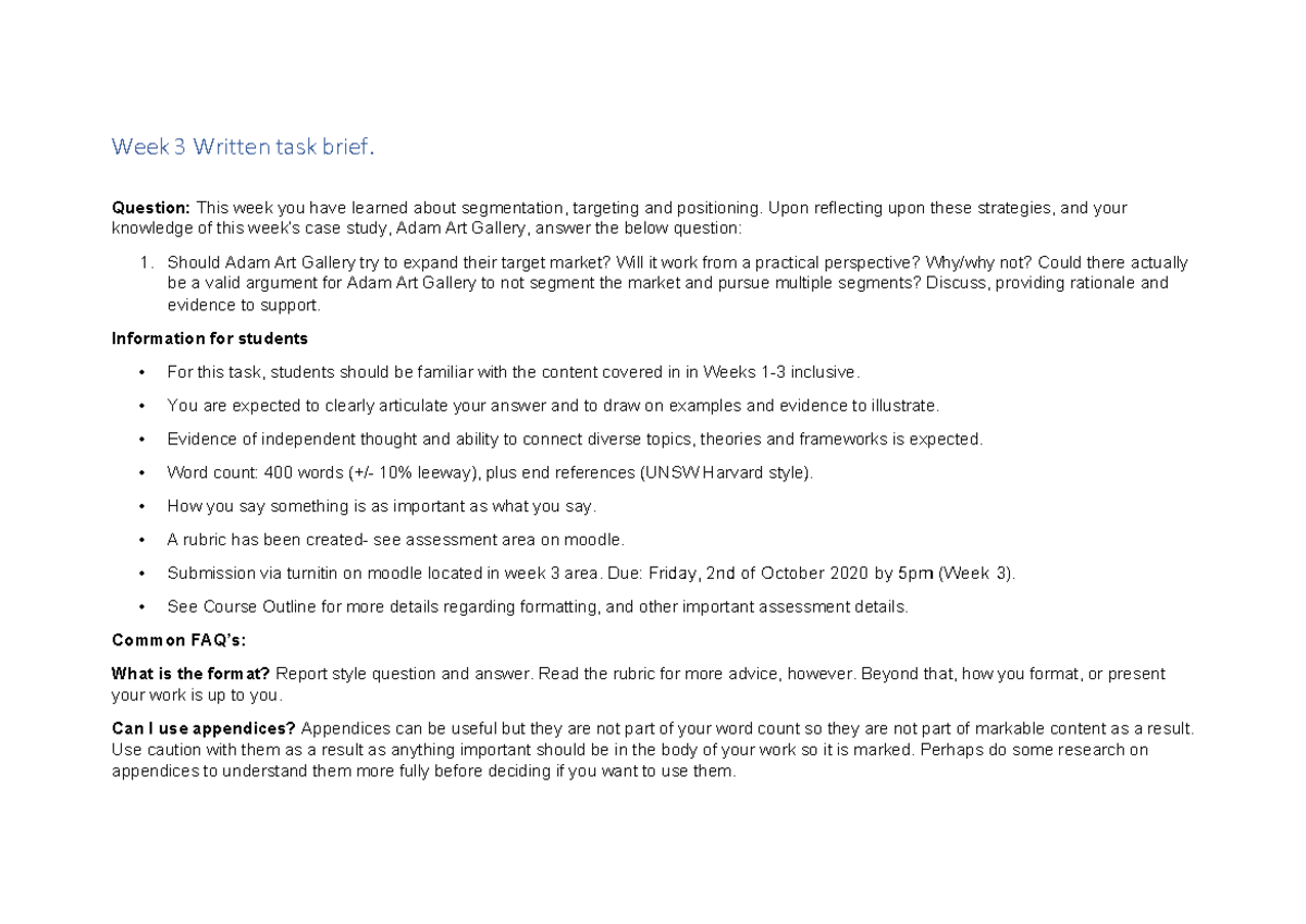 Task Brief - 412343124 - Week 3 Written task brief. Question: This week ...