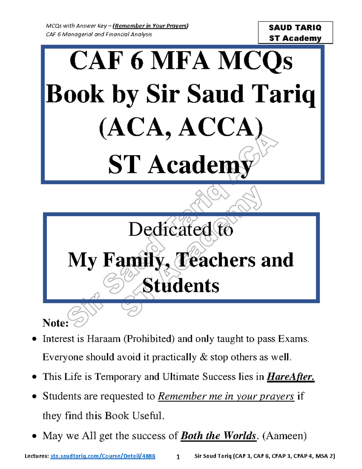 CAF 6 MFA MCQs Book ST Academy-Sir Saud Tariq (341 MCQs) - ST Academy CAF 6 Managerial and ...