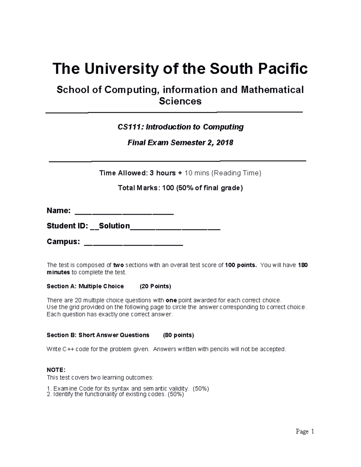 Cs111 Final Exam Solution Sem2 2018 The University Of The South Pacific School Of Computing