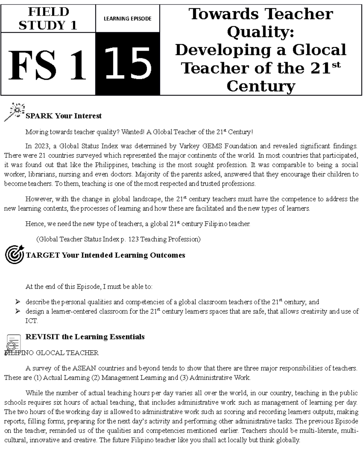 FS 1 Episode 15 - Towards Teacher Quality - FIELD STUDY 1 LEARNING ...