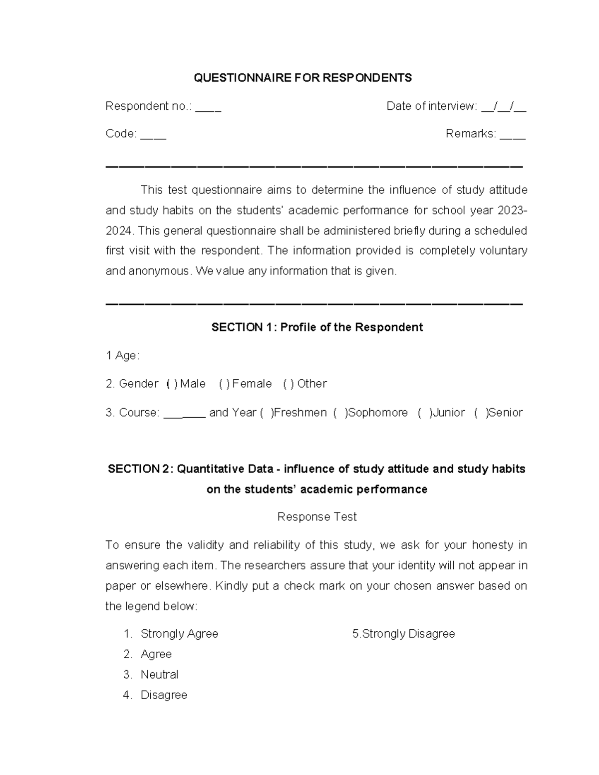 Questionaire - evaluation - QUESTIONNAIRE FOR RESPONDENTS Respondent no ...