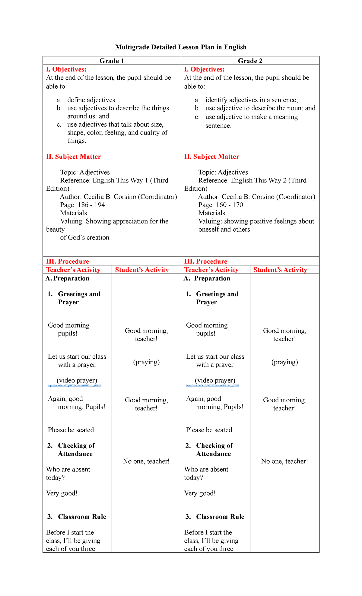 Multigrade Detailed Lesson Plan in English 1 - Objectives: At the end ...