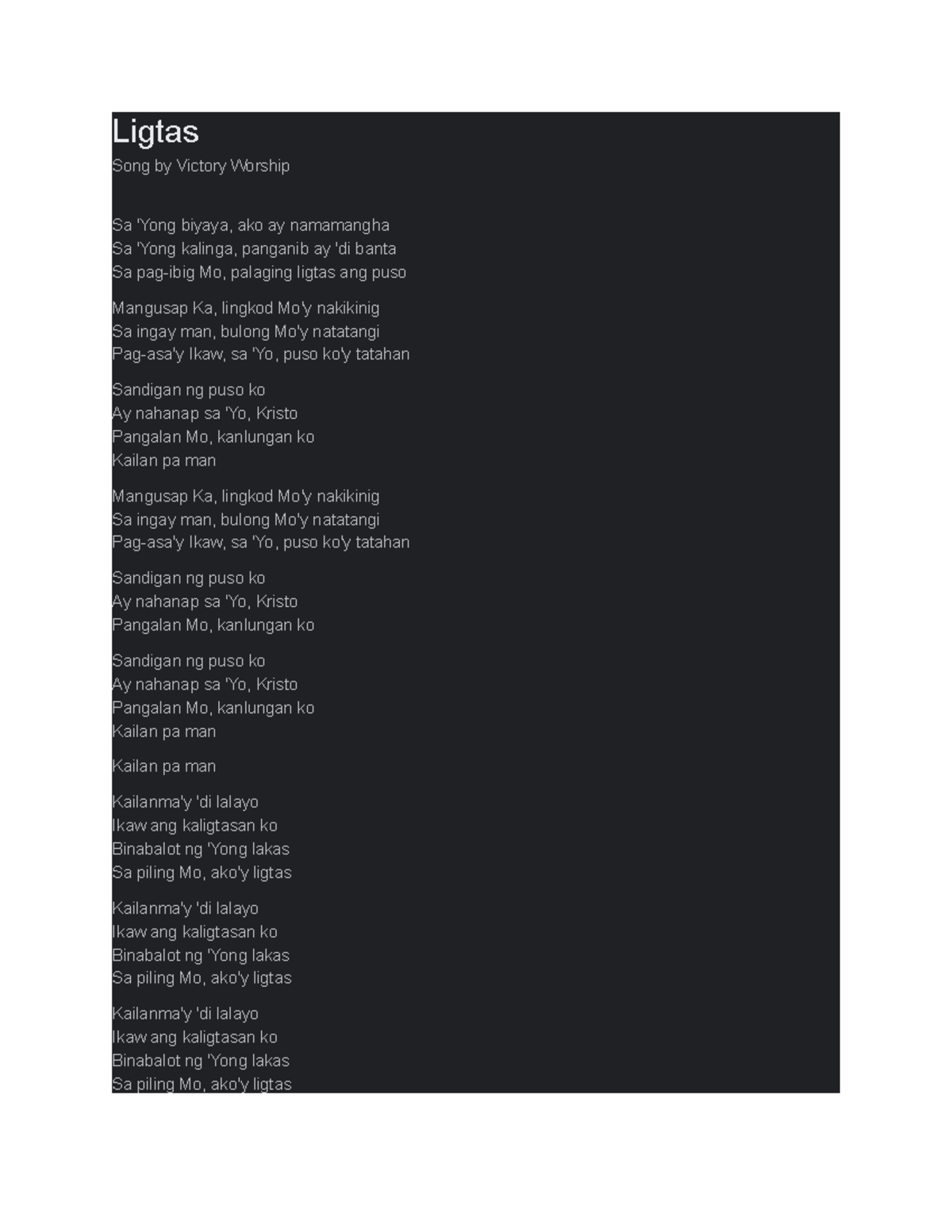 Ligtas - Ligtas Song by Victory Worship Sa 'Yong biyaya, ako ay ...