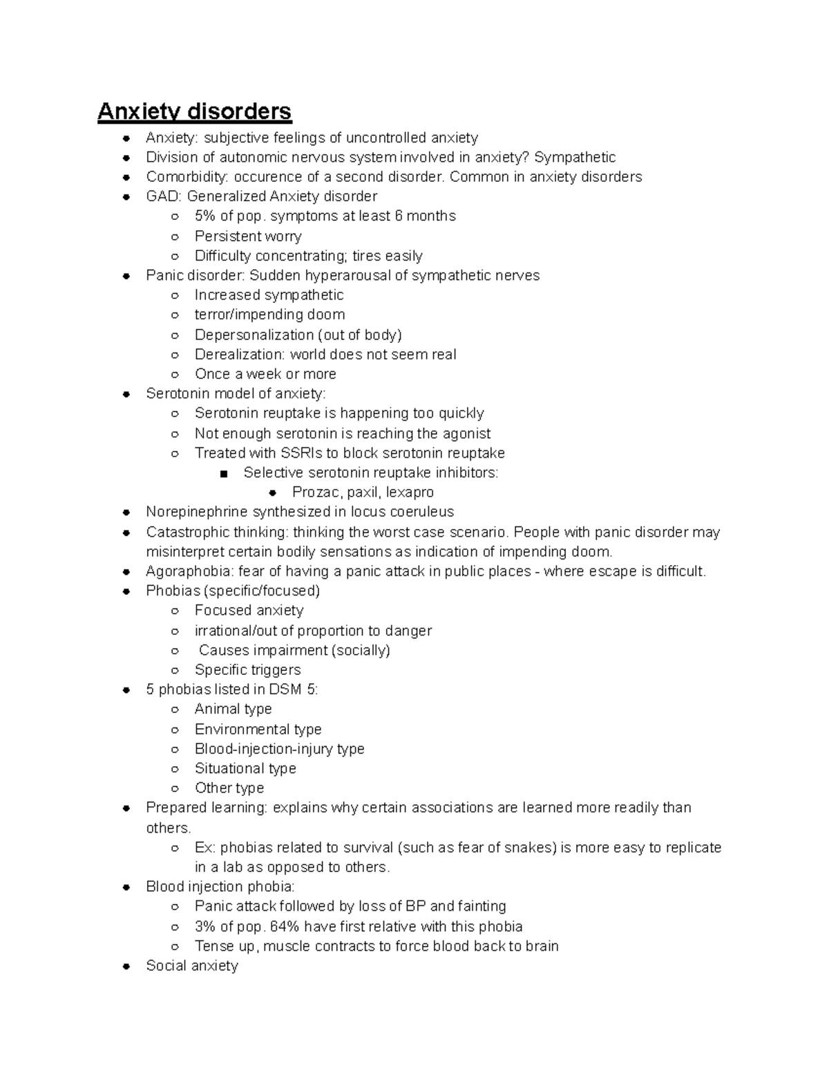 Psychology exam 2 study guide - Anxiety disorders Anxiety: subjective ...