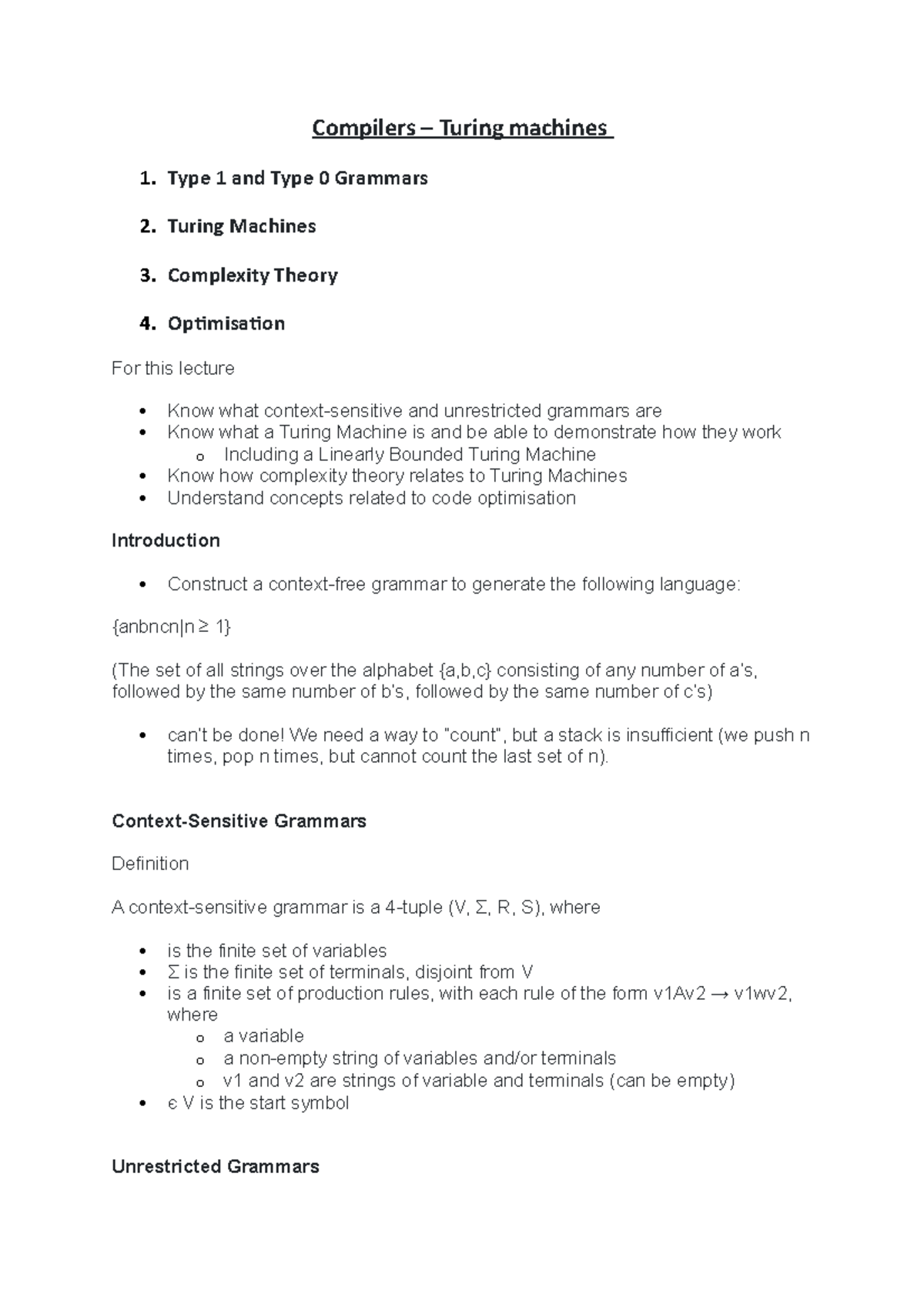 Compilers – Turing machines - Compilers – Turing machines 1. Type 1 and Type 0 Grammars 2 ...