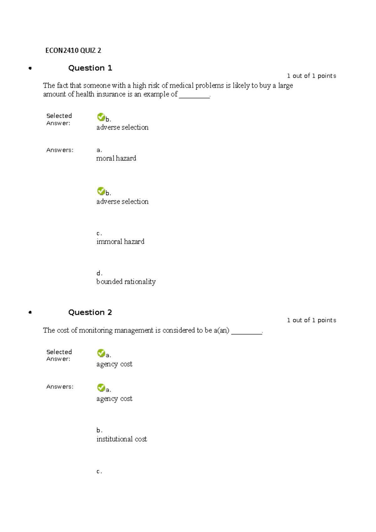 ECON2410 QUIZ 2 - Online Quiz covering Topic 2 and 3 - ECON2410 QUIZ 2 ...
