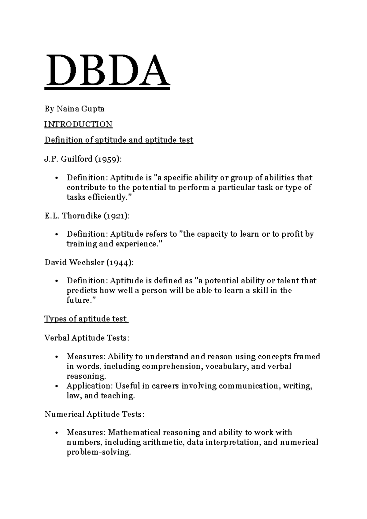 Practical of psychology - DBDA By Naina Gupta INTRODUCTION Definition of aptitude and aptitude ...