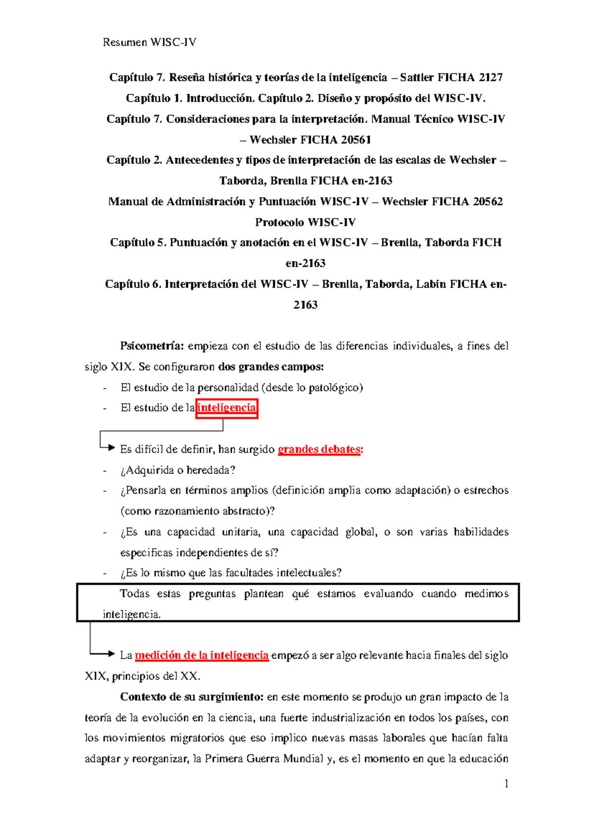 Resumen WISC-IV - Capítulo 7. Reseña histórica y teorías de la inteligencia – Sattler FICHA 2127 ...