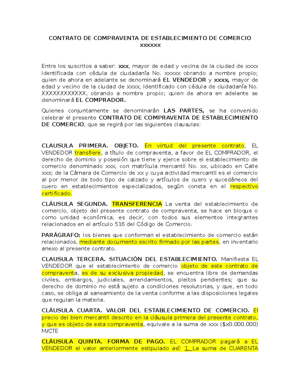 Contrato DE Compraventa DE Establecimiento DE Comercio - CONTRATO DE ...