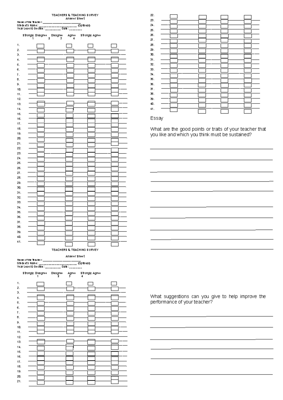 Answer sheet Teaching survey - TEACHERS & TEACHING SURVEY Answer Sheet ...