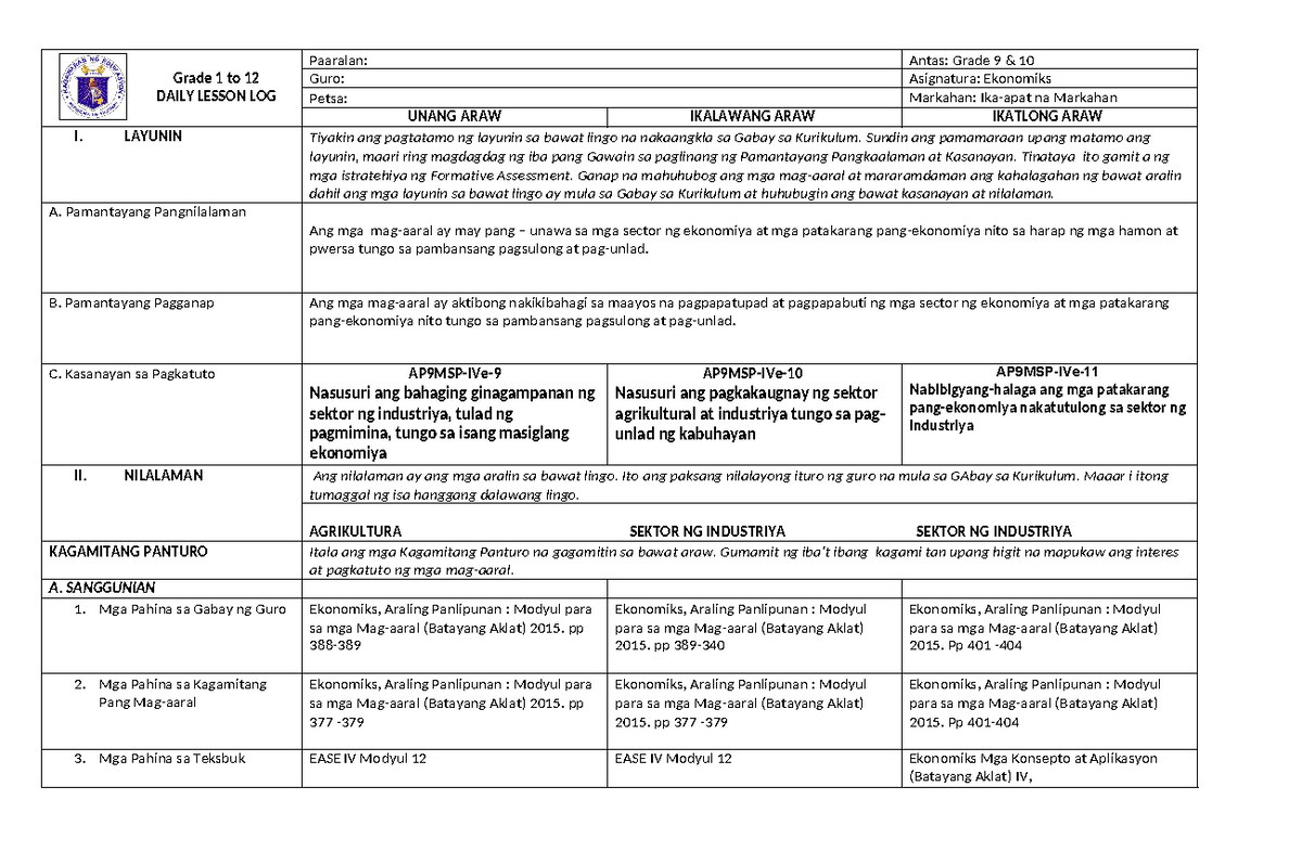 DLL 4 - LEARNING MATERIALS - Grade 1 to 12 DAILY LESSON LOG Paaralan ...