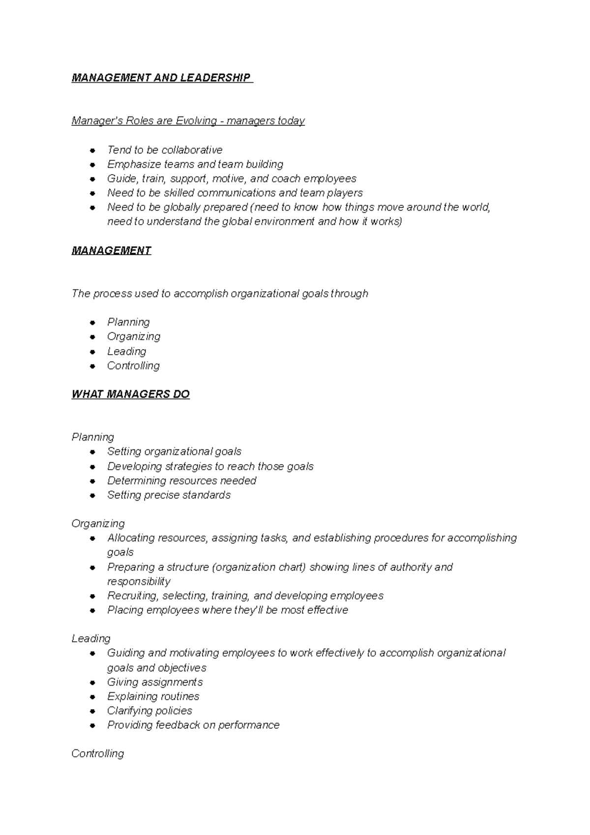 BUSN 101 w6 - busn 101 notes w Eric Rios - MANAGEMENT AND LEADERSHIP ...
