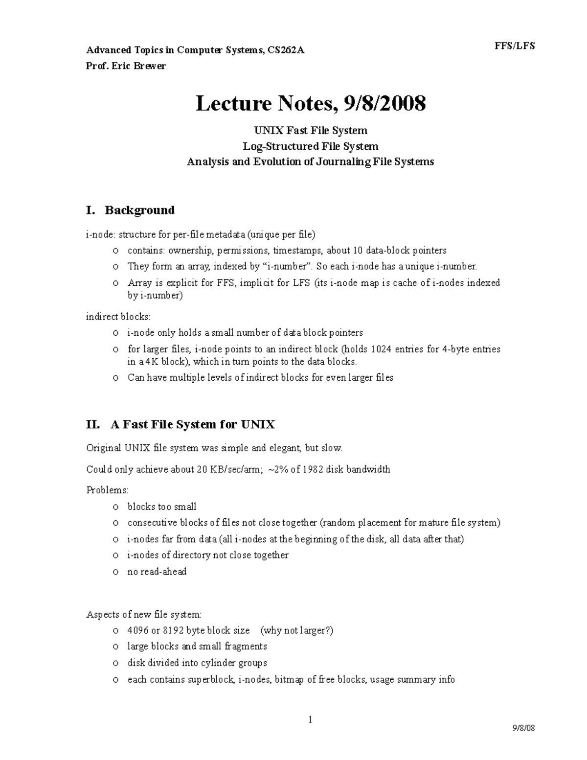 FilesystemsLecture - Advanced Topics in Computer Systems, CS262A Prof ...