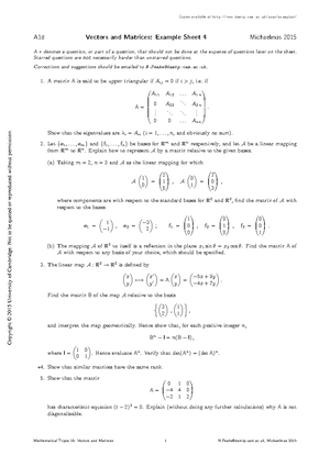 Tutorial work - 1 - Copies available at Vectors and Matrices: Study Sheet 1 A1e Michaelmas 2010 ...