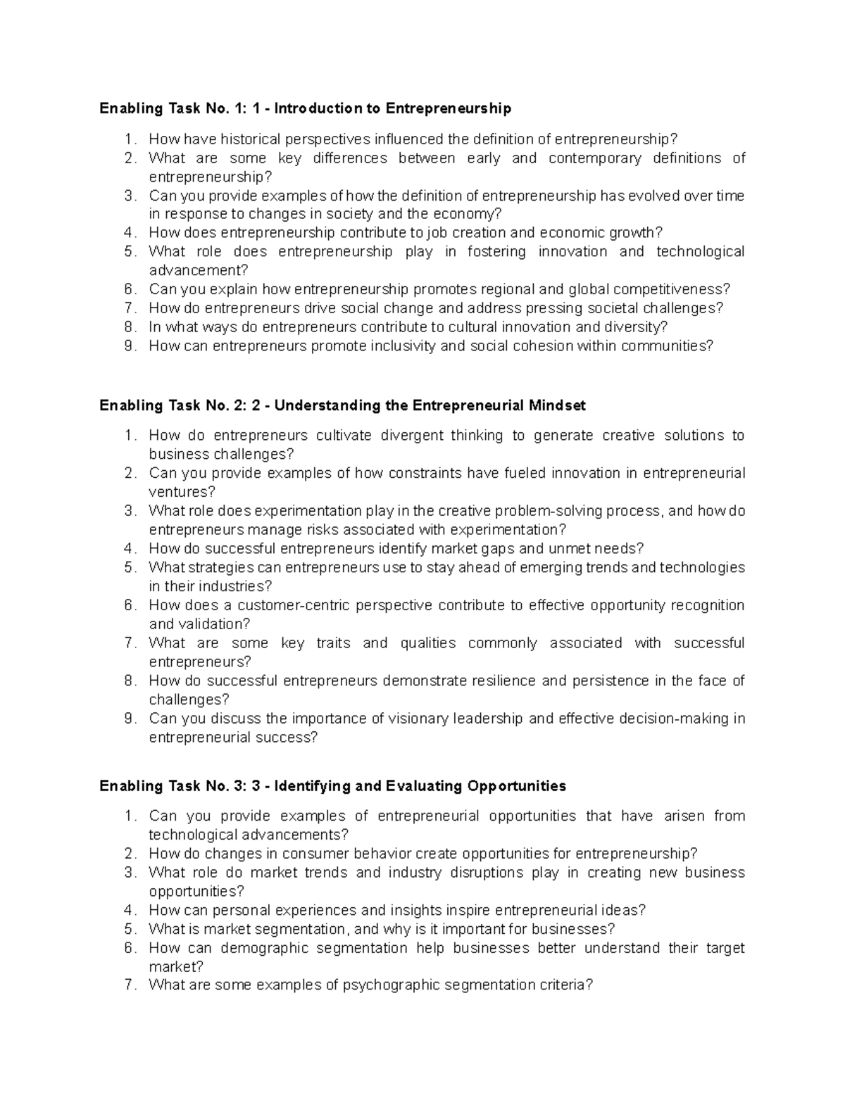 Enabling Tasks - jkhukg - Enabling Task No. 1 : 1 - Introduction to Entrepreneurship 1. How have ...