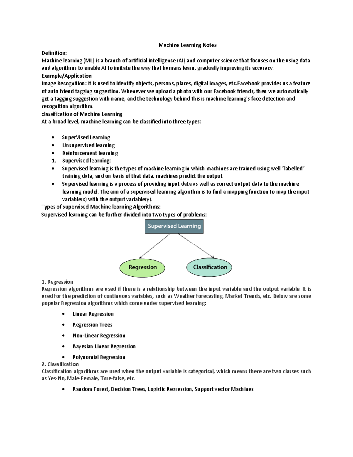 ML Notes - Machine Learning Notes Definition: Machine learning (ML) is ...
