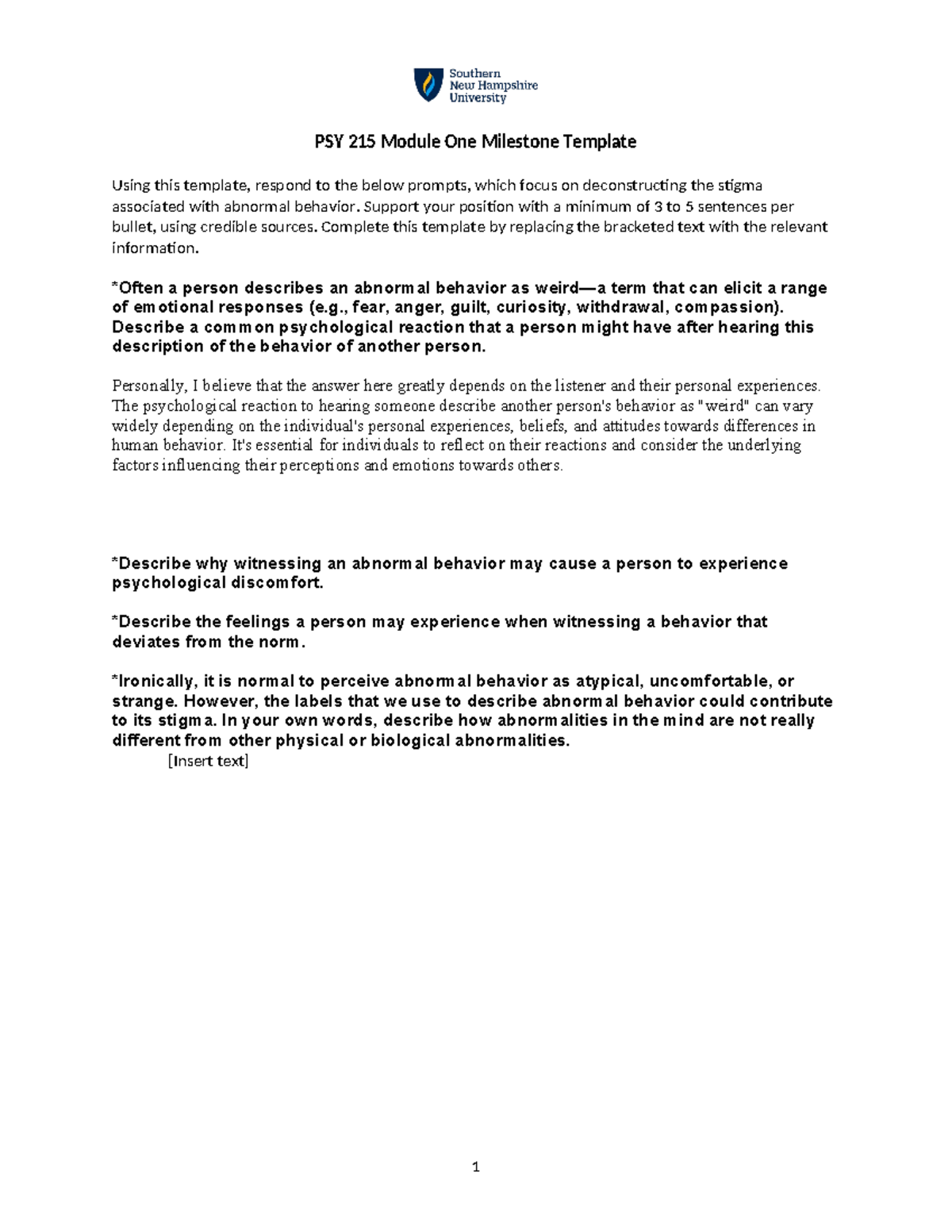 PSY 215 Module One Milestone Template - PSY 215 Module One Milestone ...