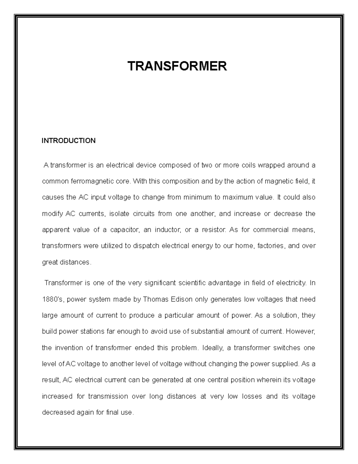 Transformer - Lecture notes 1 - TRANSFORMER INTRODUCTION A transformer ...