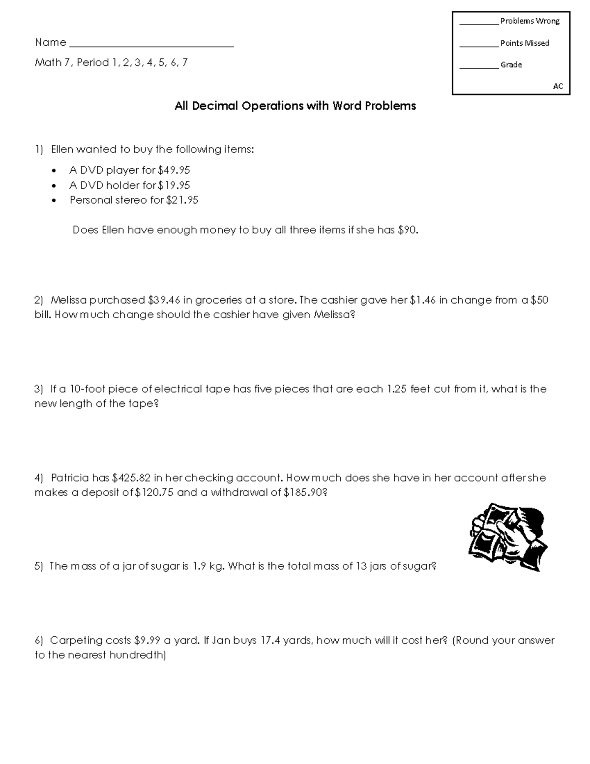 Decimals Word Problems Problems Wrong Name Points Missed Math 7