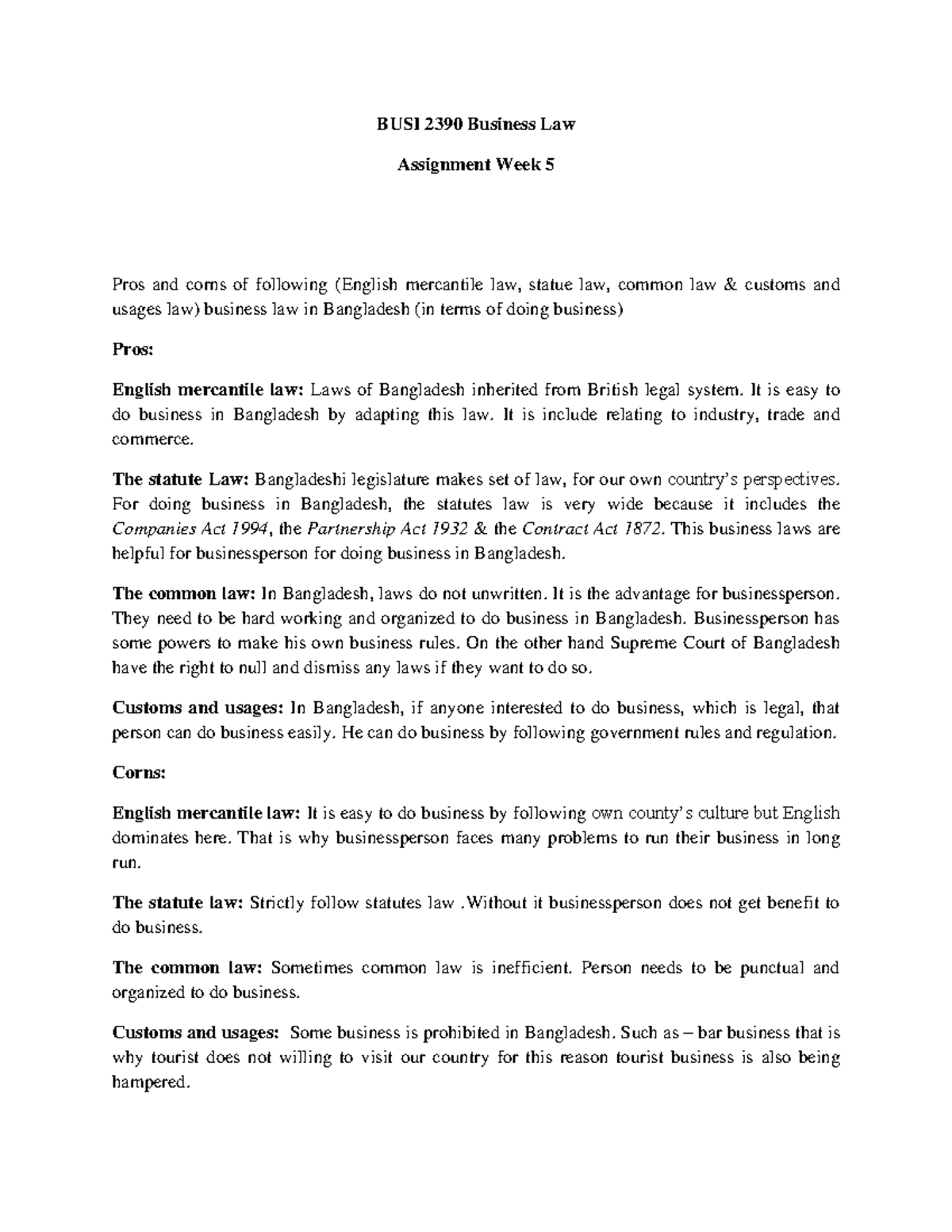 BUSI 2390 Business Law assignment week 5 - BUSI 2390 Business Law ...