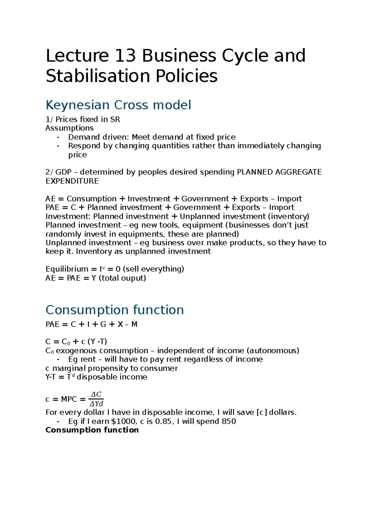 Lecture 13 Business Cycle and Stabilisation Policies - Lecture 13 Business Cycle and ...