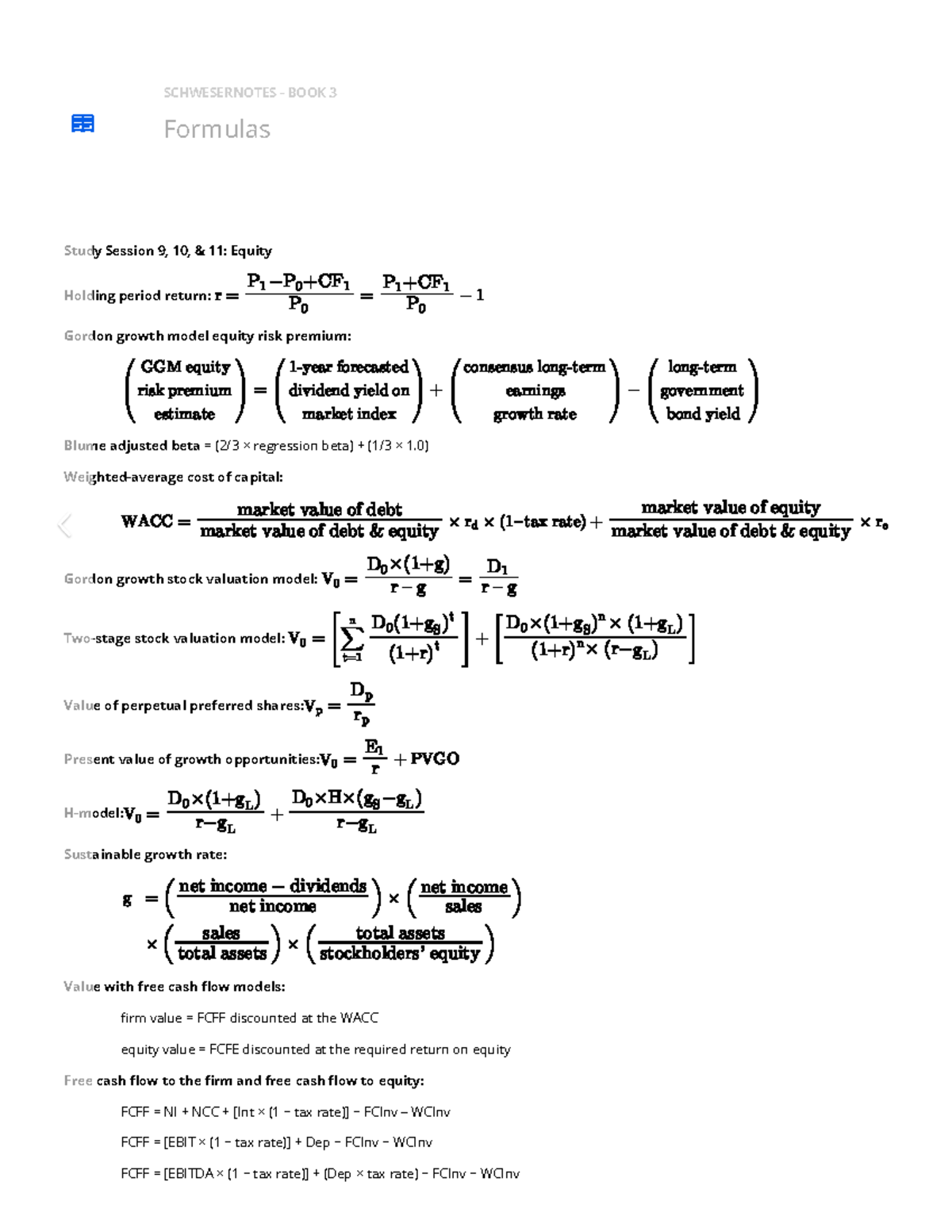 Equity Formulas - Study Session 9, 10, & 11: Equity Holding period ...
