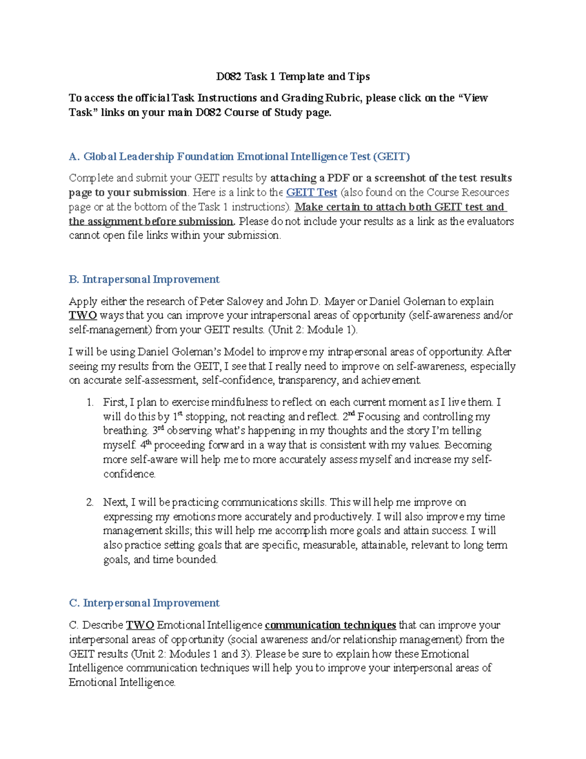 D082 Task 1 - D082 Emotional and Cultural Intelligence Task 1 - D082 ...