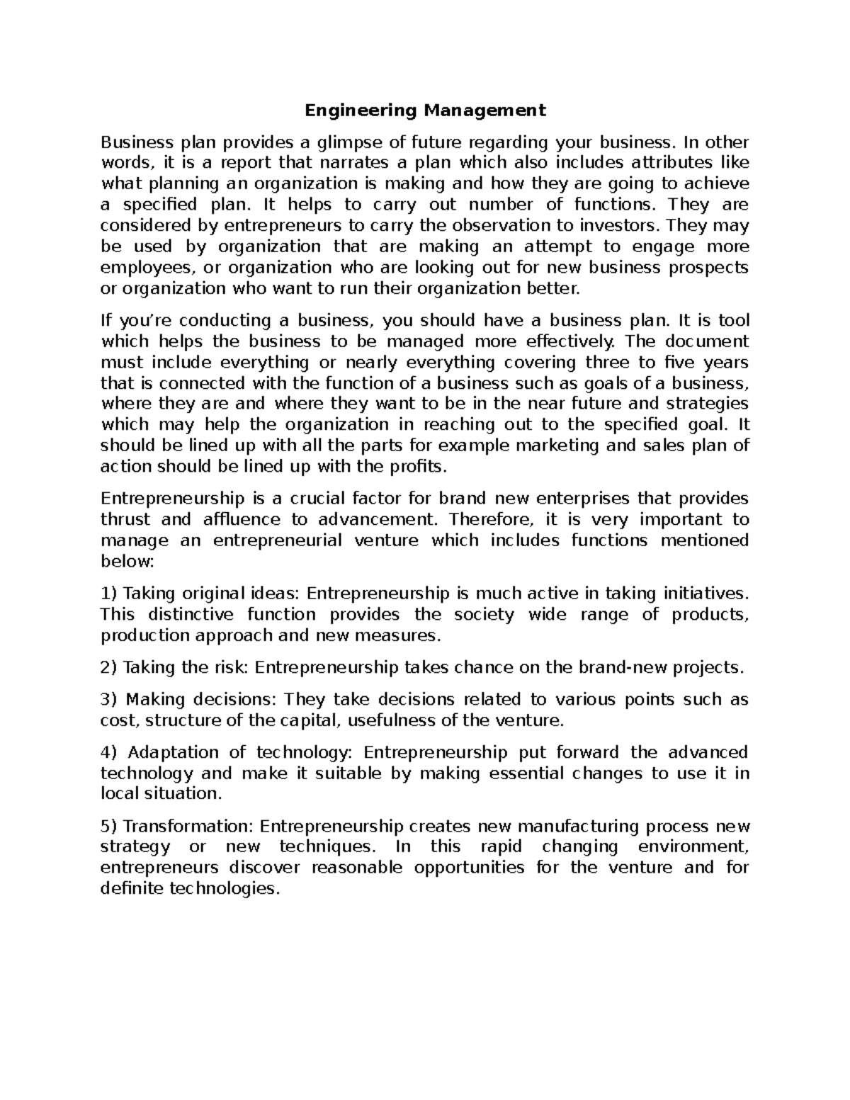 Engineering Management 5 - Engineering Management Business plan ...