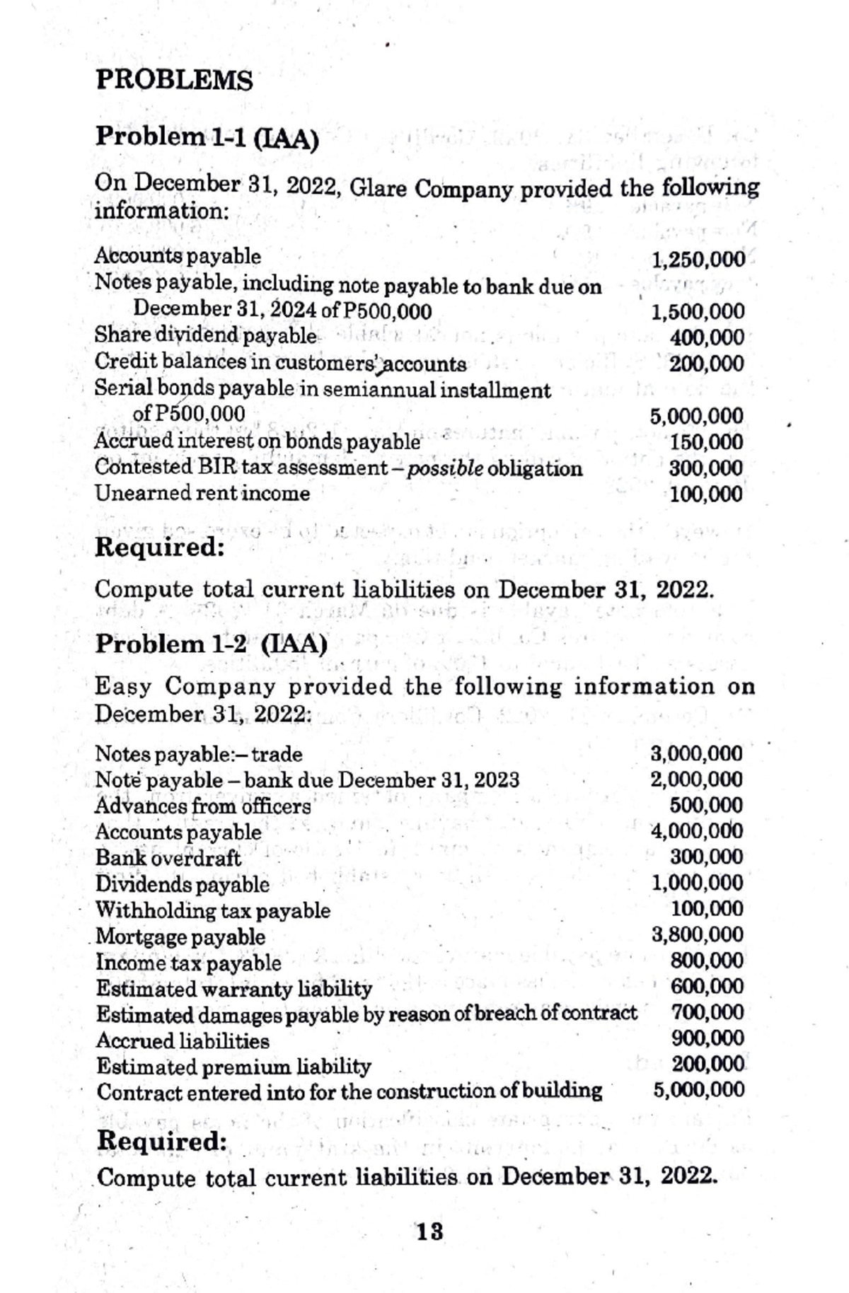 Chapter-1-Liabilities - PROBLEMS P1:oblem 1 1-1 (IAA) On,Decniber 31, 2022, Glare Co·mpany the ...