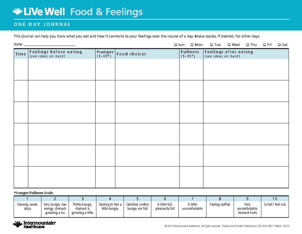Li Ve Well Food And Feelings 1-Day Journal - Ti m e F e e l i n g s b e ...