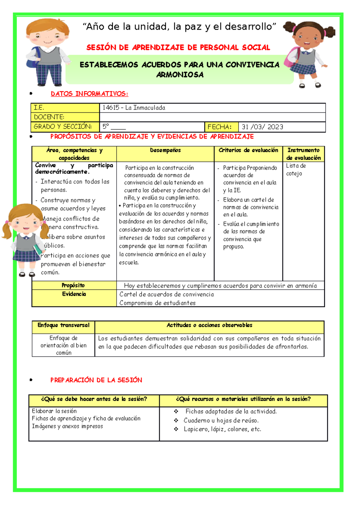 Sesion Lunes 27 - Establecemos Acuerdos PARA UNA Convivencia Armoniosa - Personal Social ...