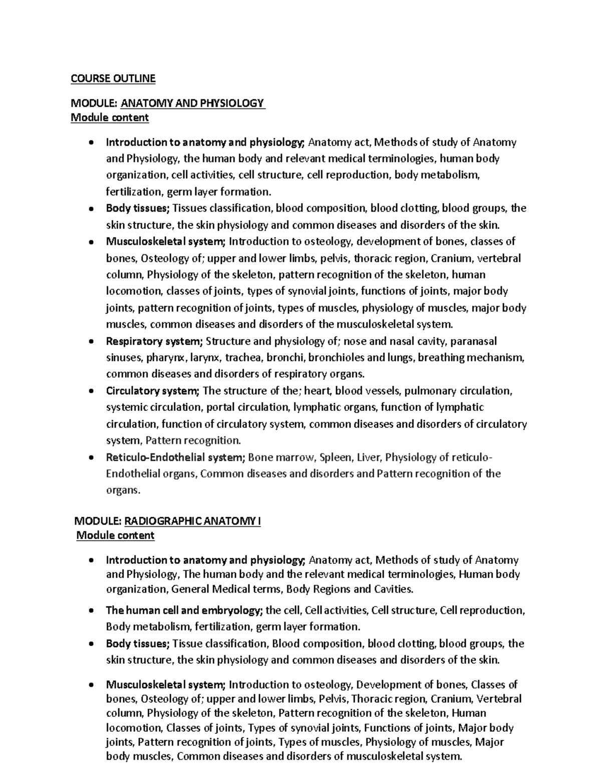 Outline - COURSE OUTLINE MODULE: ANATOMY AND PHYSIOLOGY Module content ...
