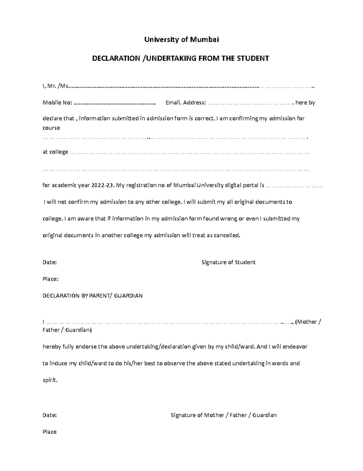 University SELF Declaration FORM - University of Mumbai DECLARATION ...