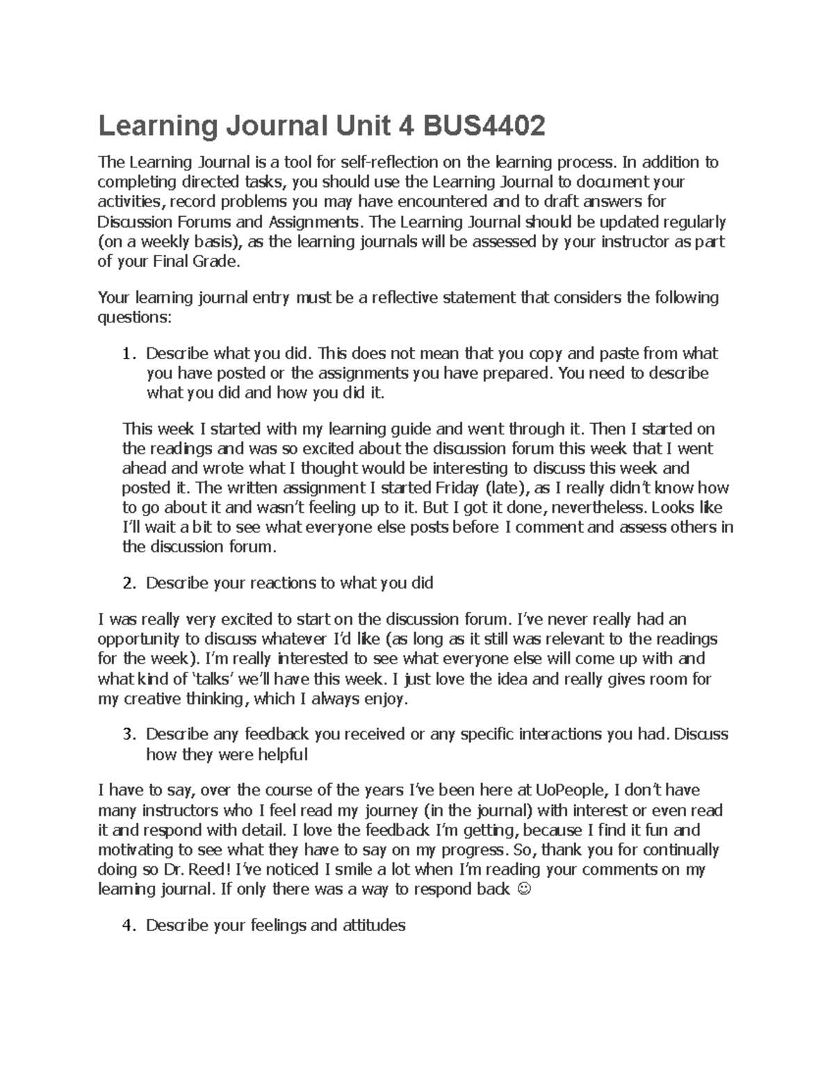 Learning Journal Unit 4 BUS4402 - Learning Journal Unit 4 BUS The Learning Journal is a tool for ...