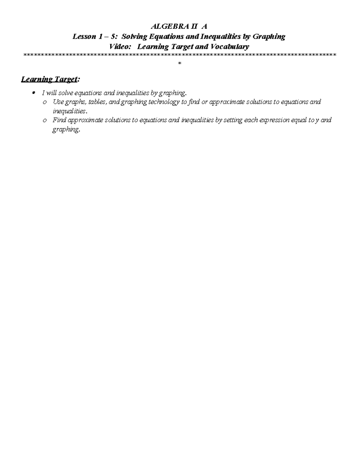 Lesson 1.5 Notes - assignment - Lesson 1 – 5: Solving Equations and ...