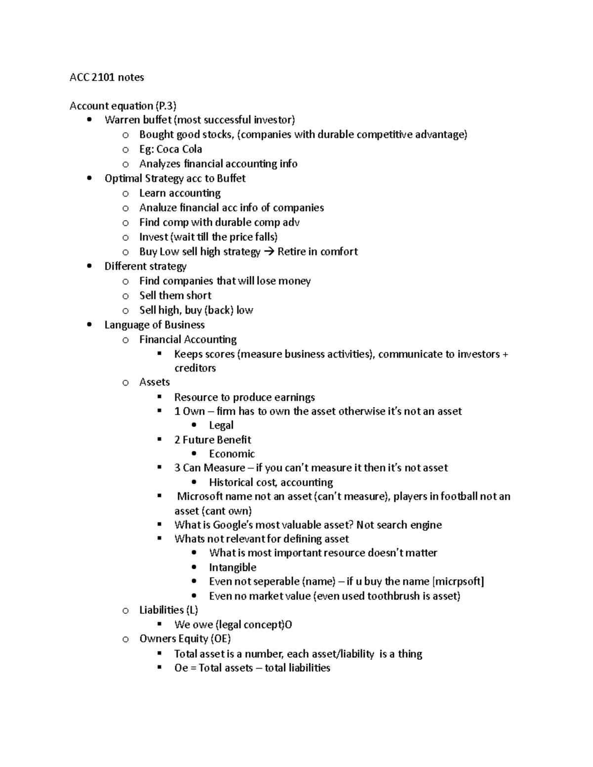 ACC 2101 notes - ACC 2101 notes Account equation (P) Warren buffet ...