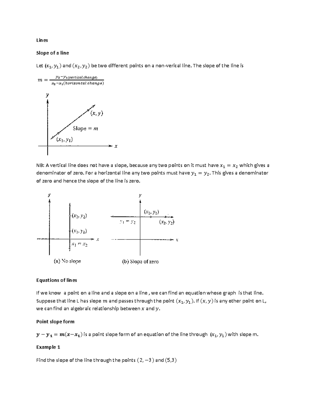Lines notes - business algebra - Lines Slope of a line Let (𝑥 1 ,𝑦 1 ...