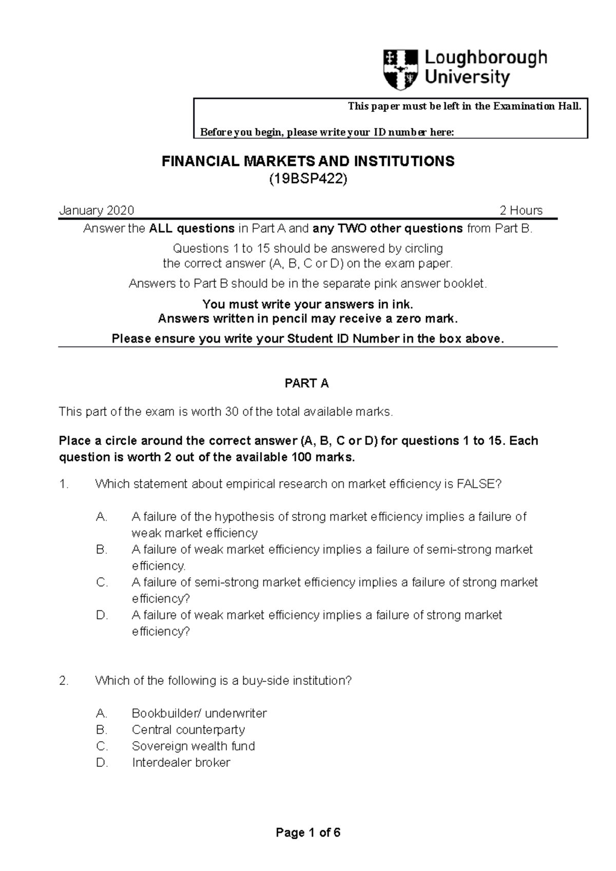Financial Markets 2019 Exam - This paper must be left in the ...