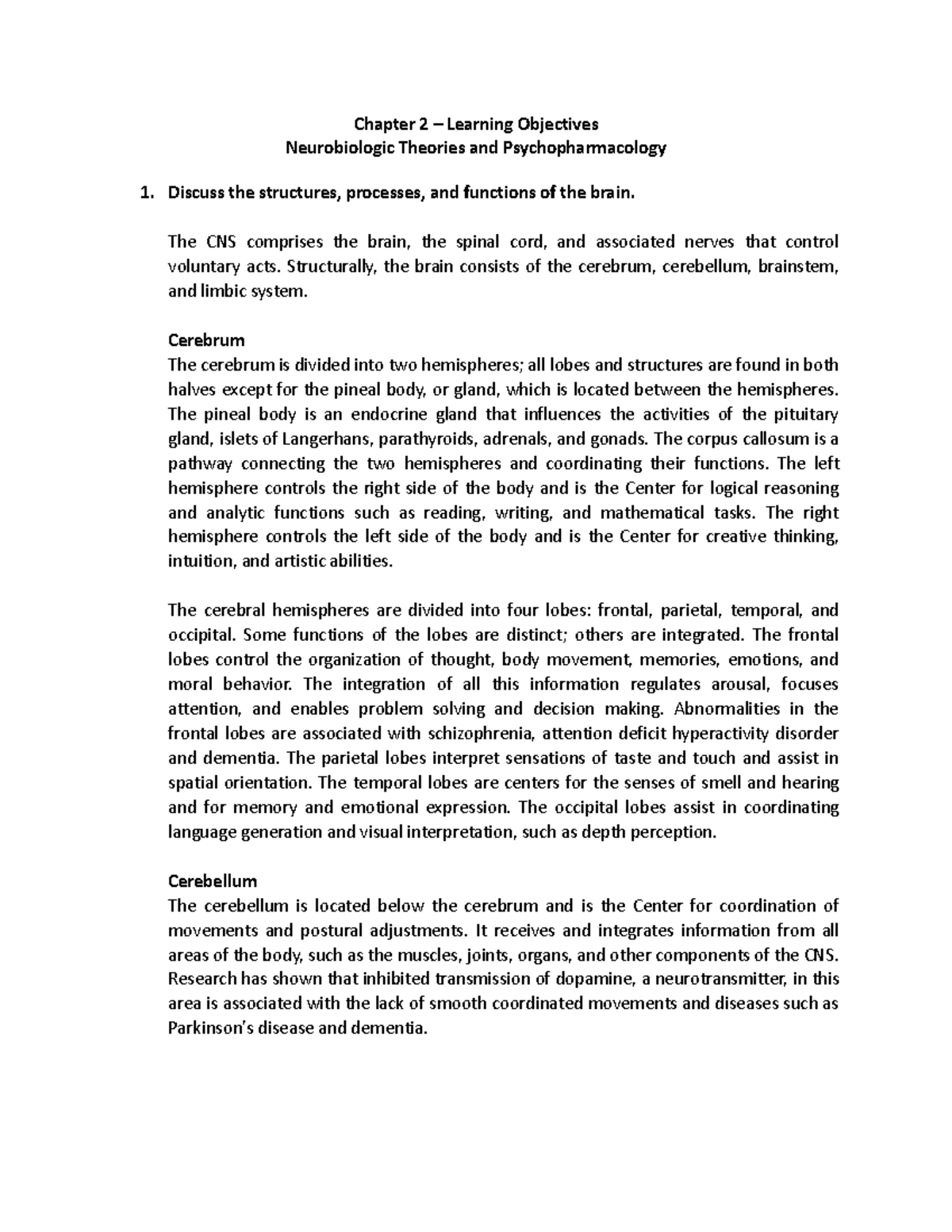 Chapter 2 - Learning Objectives - Chapter 2 – Learning Objectives Neurobiologic Theories and ...