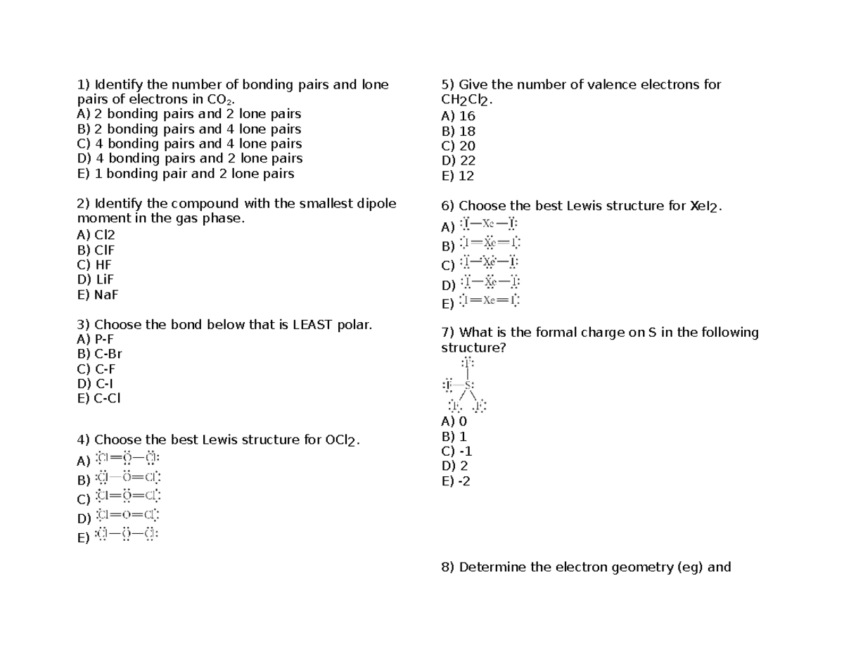 CHE 111 Exam 3 practice problems - Identify the number of bonding pairs and lone pairs of ...