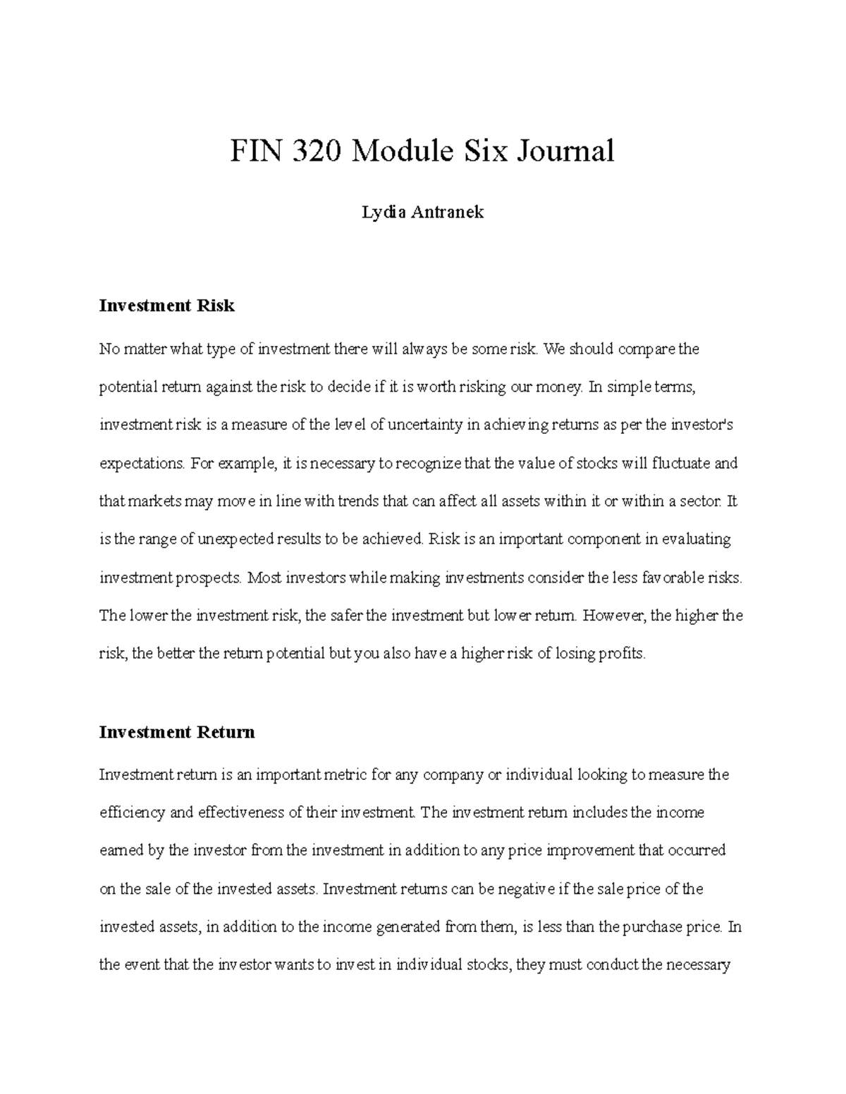 FIN 320 Module Six Journal - FIN 320 Module Six Journal Lydia Antranek ...