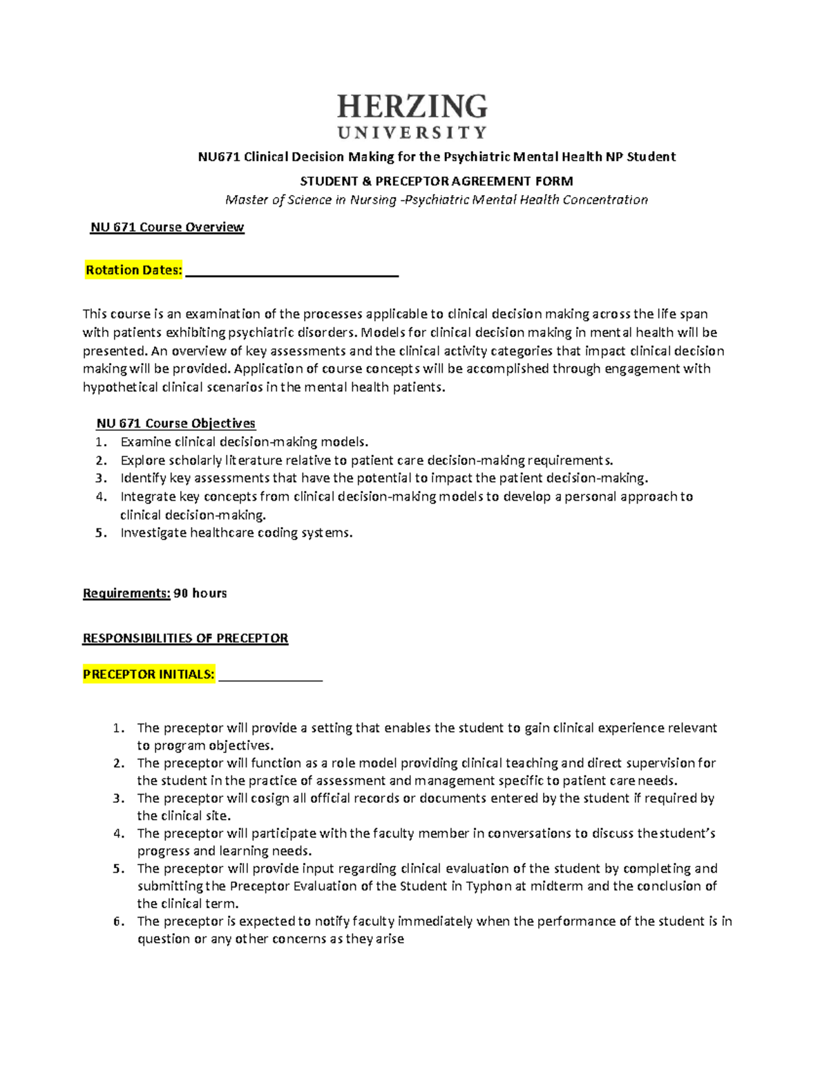 Preceptor agreement form - NU671 Clinical Decision Making for the ...