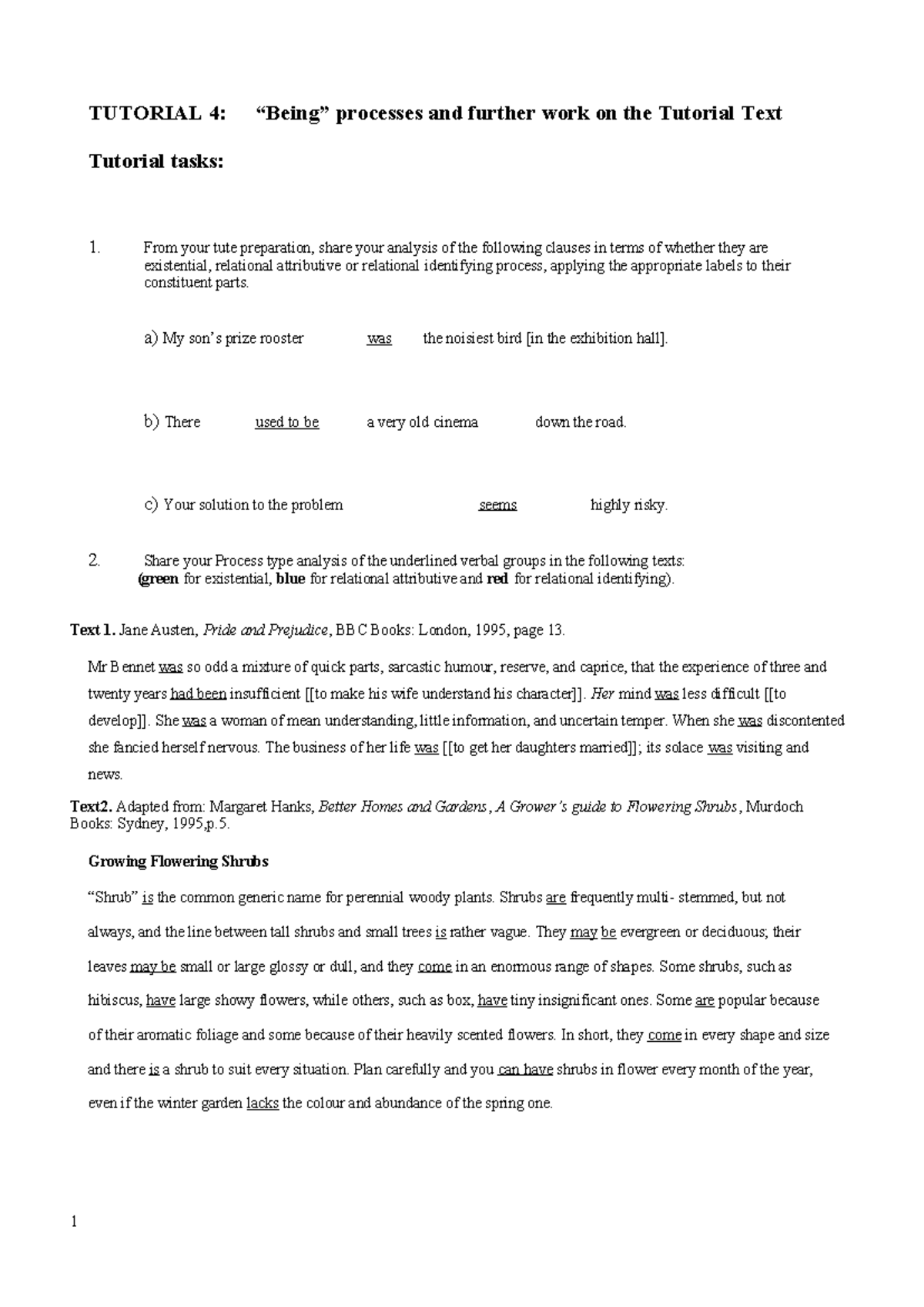 Tutorial 4 Tasks Tutorial 4 “being” Processes And Further Work On The Tutorial Text Tutorial