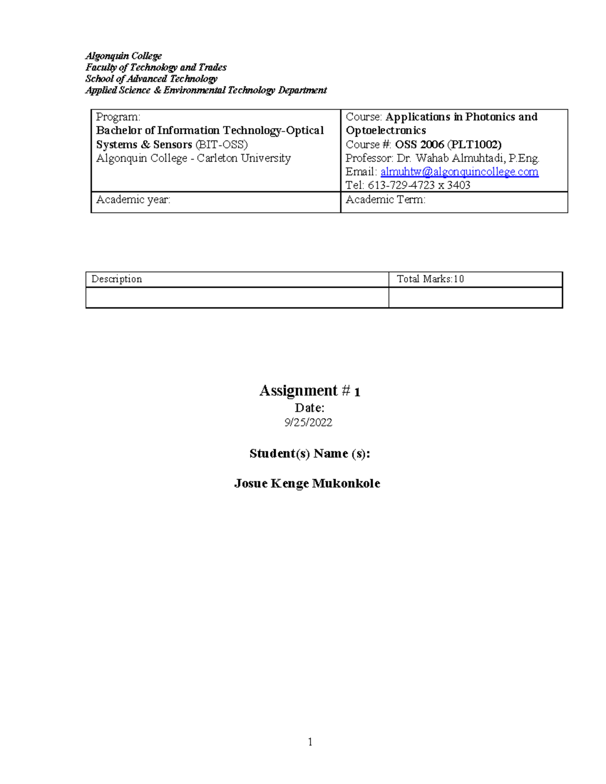 Assignment # 1 - Fiber To The Home (FTTH) - Algonquin College Faculty ...